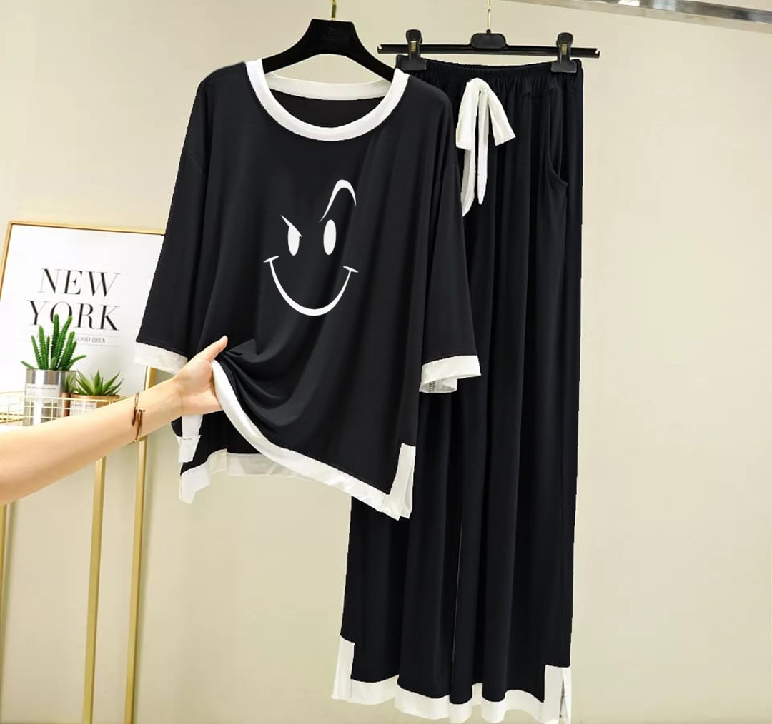 Black Smiley Face White Round Neck Plazzo PJ Set – KOZEE