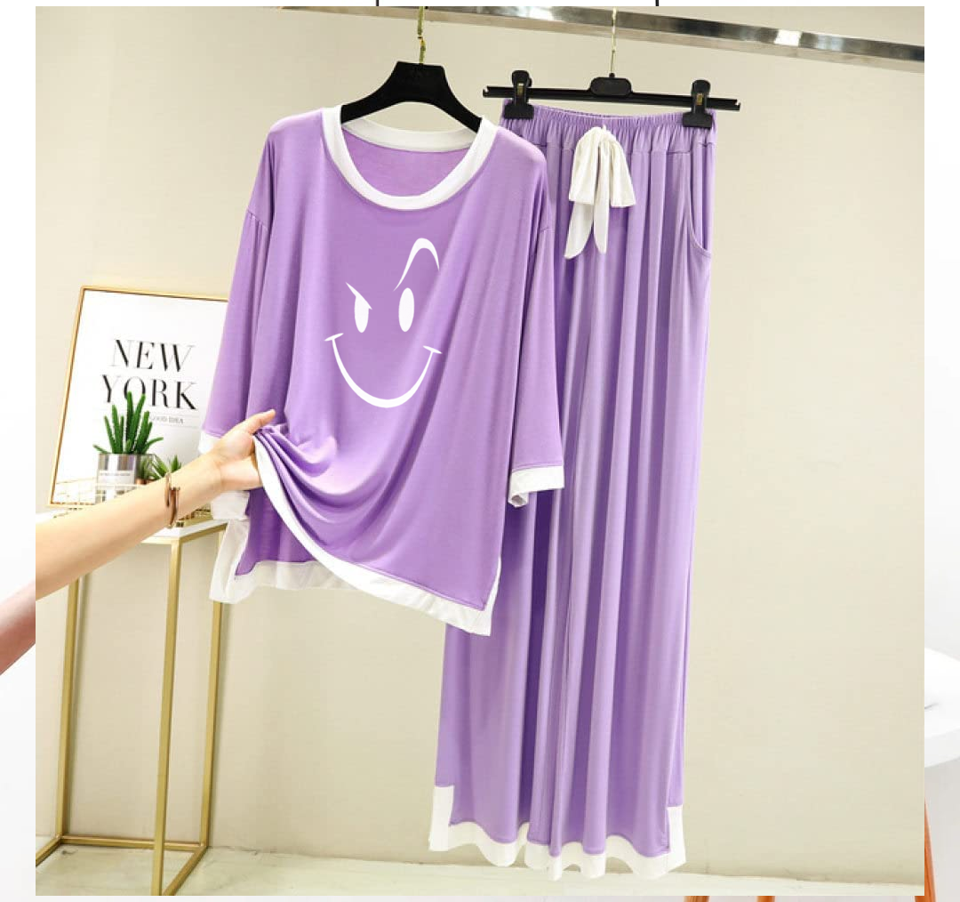 Purple Smiley Face White Round Neck Plazzo PJ Set – KOZEE